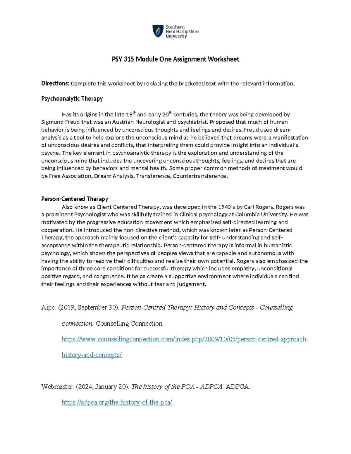 PSY 315 Module 1 Assignment: Overview of Psychological Therapies - Studocu