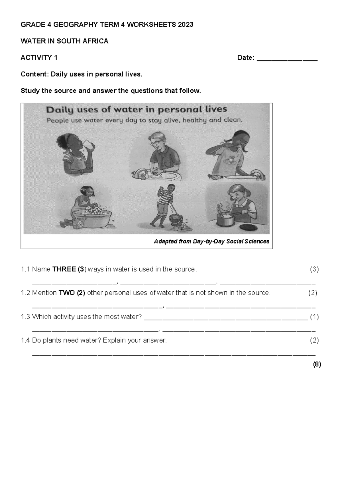 Grade 4 Geography Term 4 Worksheets 2023: Water Usage Activities - Studocu