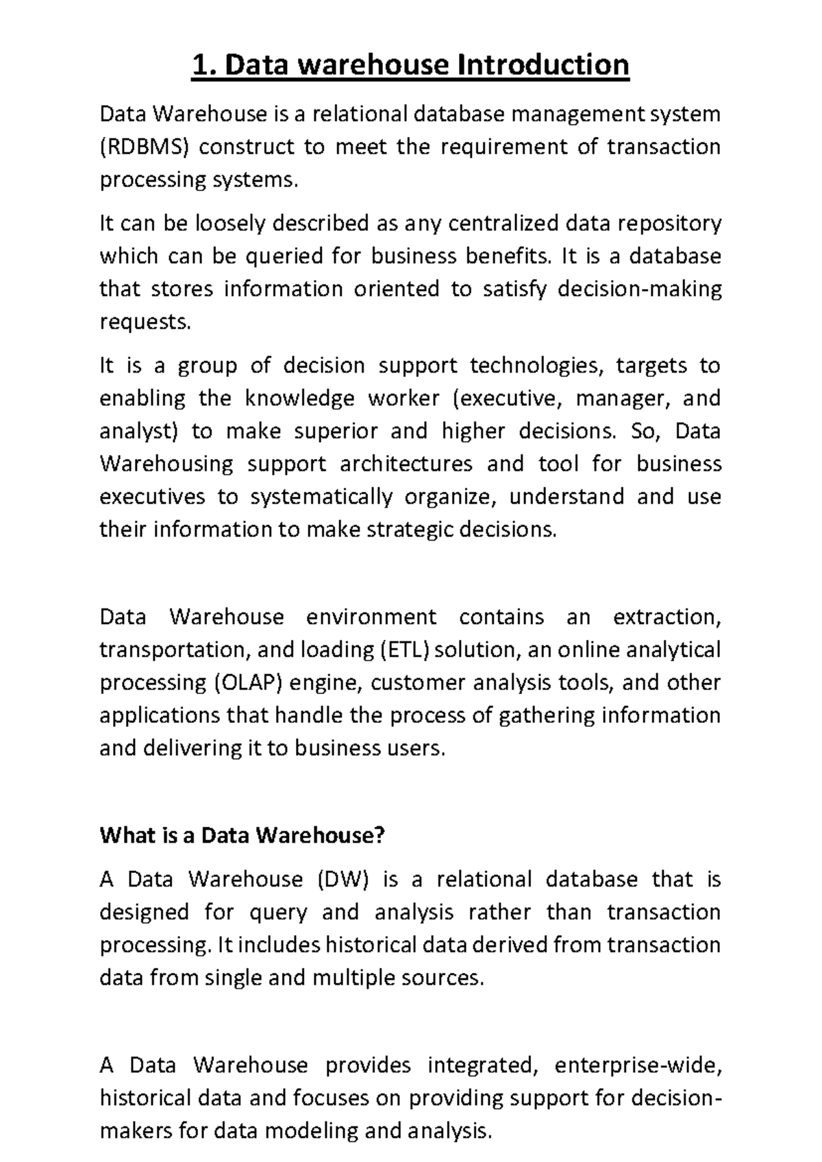 Unit-1-notes dw - GOGG - 1. Data warehouse Introduction Data Warehouse ...