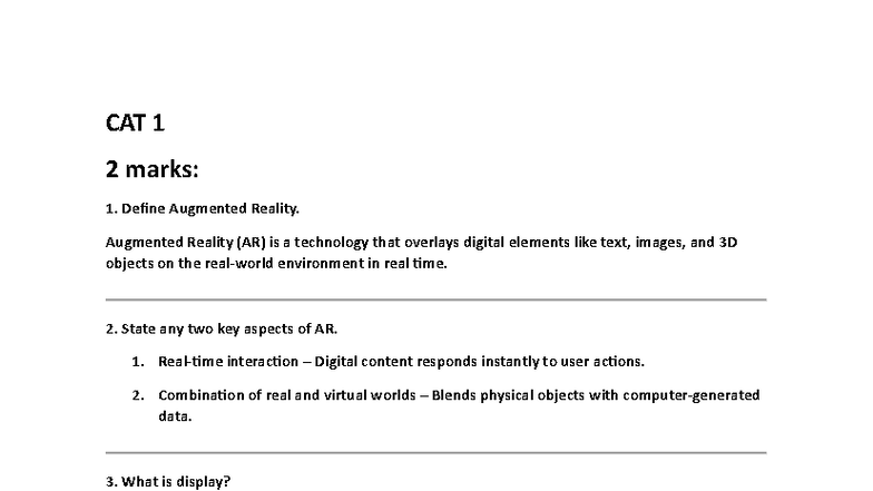 CAT 1 Augmented Reality Overview and Key Components - Studocu