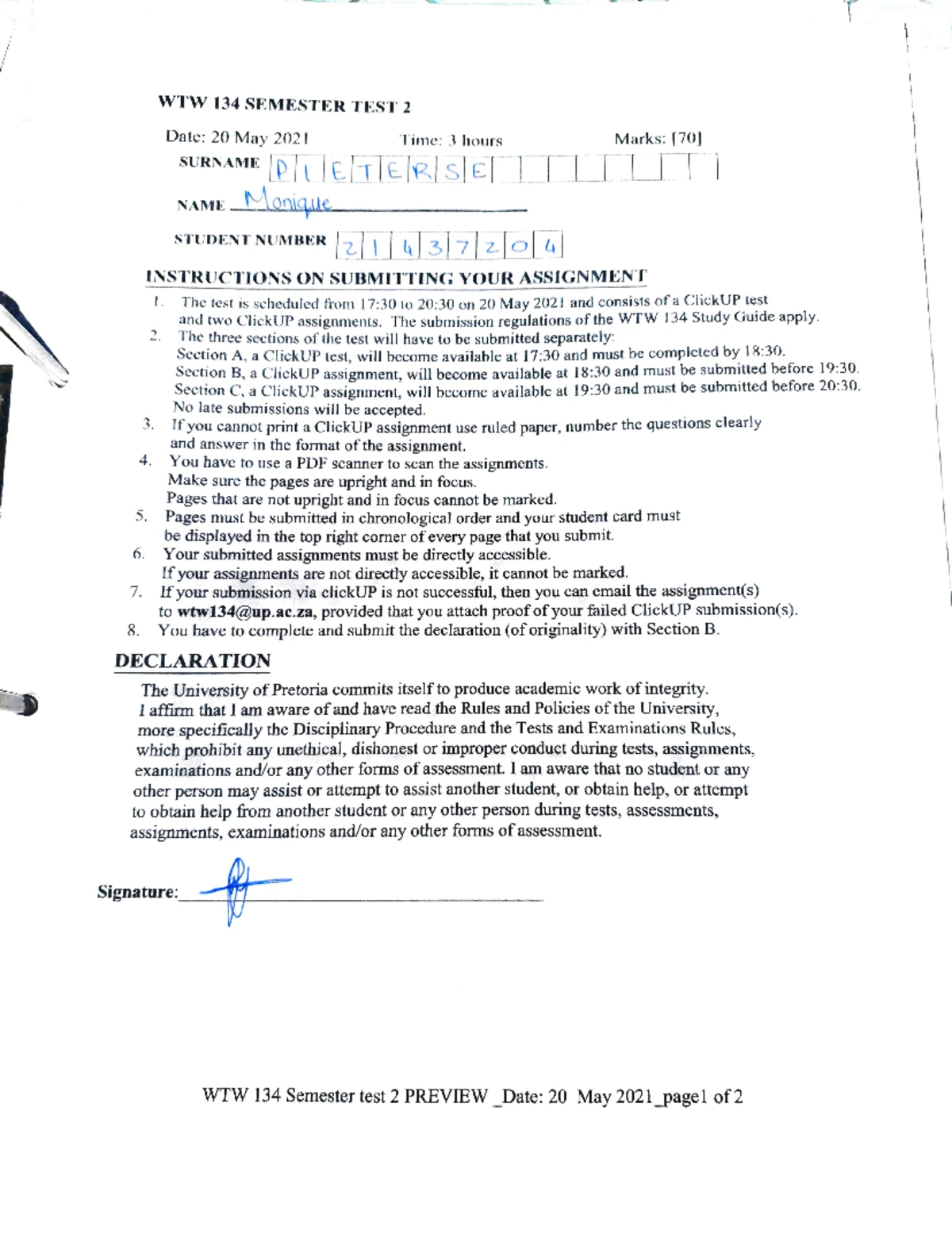WTW 134 Semester Test 2 Instructions and Structure Guide - Studocu
