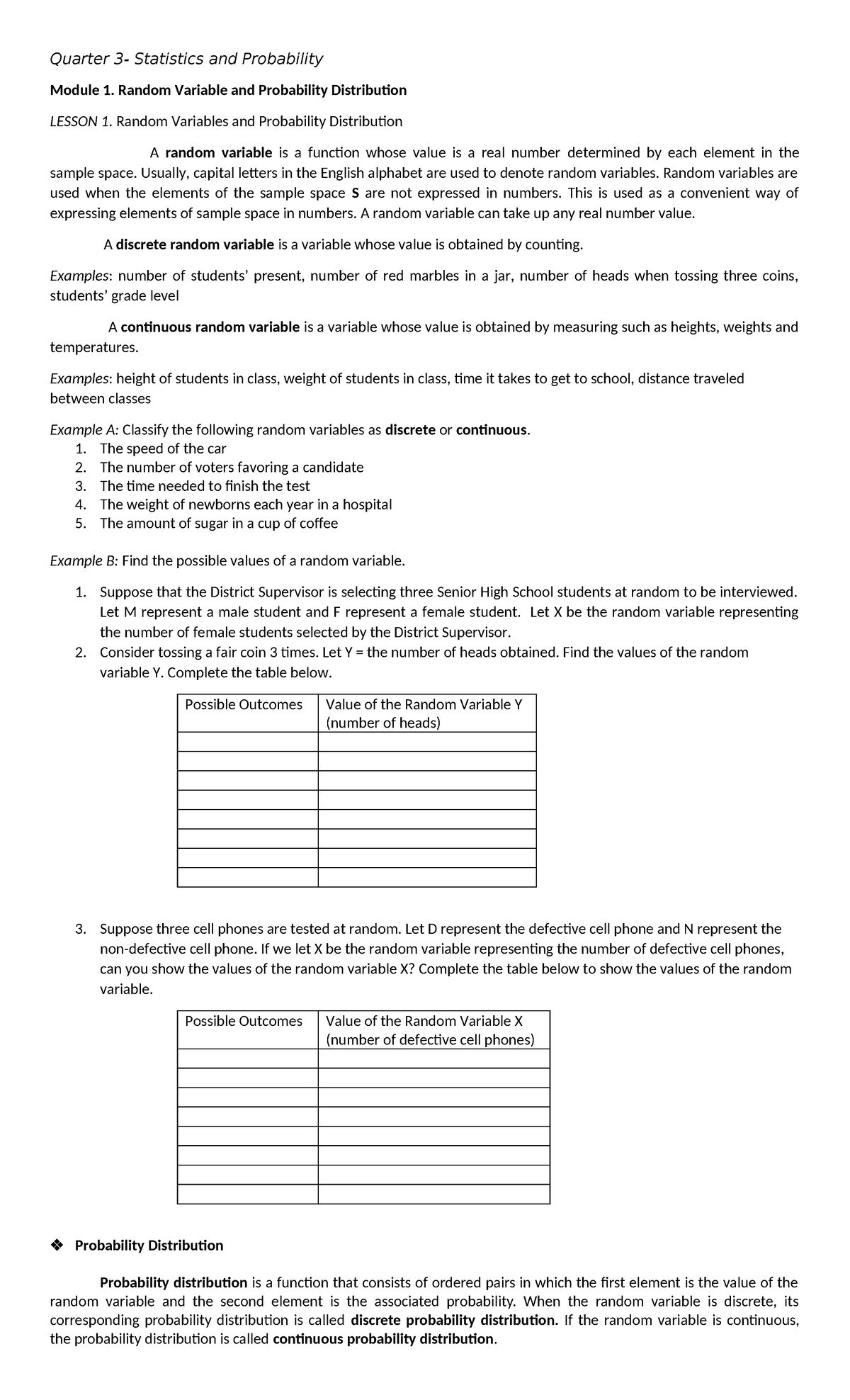 Quarter 3 Statistics & Probability M1 L1: Random Variables & Distributions - Studocu