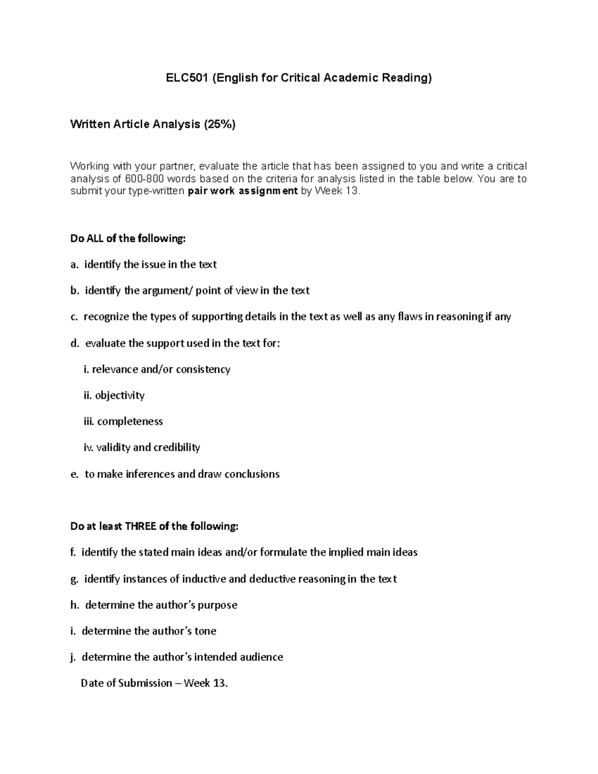 Written Analysis -Guide - ELC501 (English for Critical Academic Reading ...