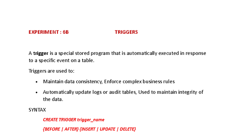 LAB EXP 7: Understanding and Implementing Triggers in SQL - Studocu