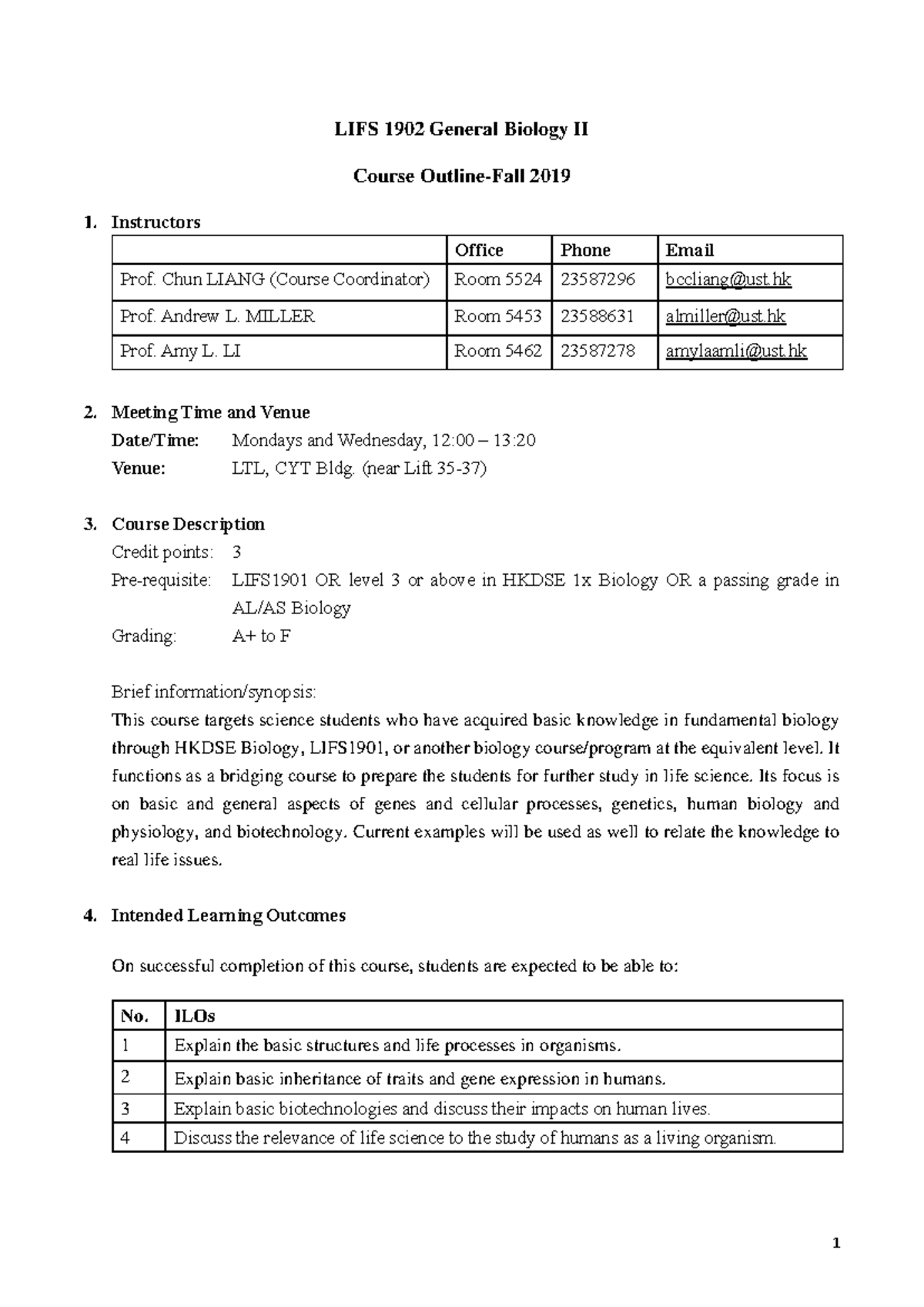 LIFS1902 General Biology II Course Outline - Fall 2019 - Studocu