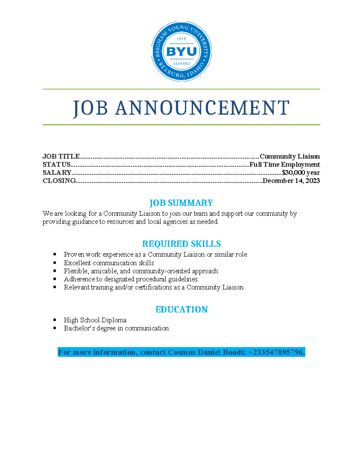 BUS240 W02 Assignment Job Announcement Template - JOB ANNOUNCEMENT JOB ...