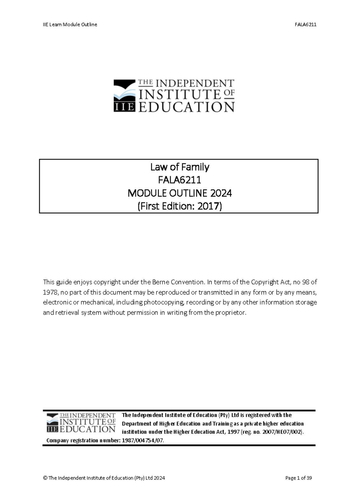 IIE Learn Module Outline: FALA6211 Law of Family (2024 Edition) - Studocu