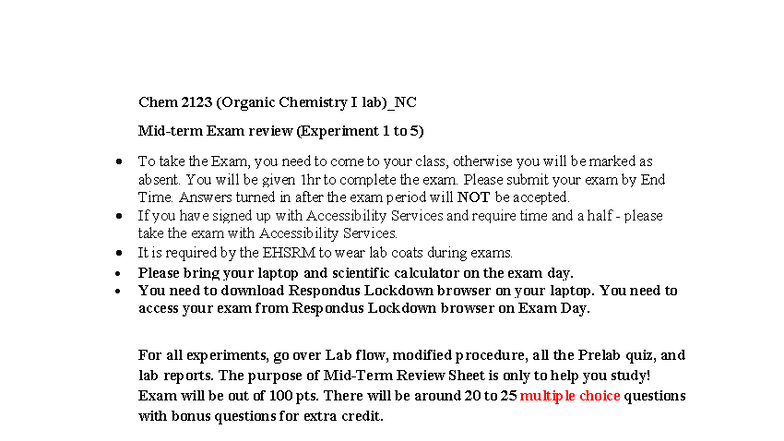 Chem 2123 Midterm Exam Review: Organic Chemistry I Lab (Exp 1-5) - Studocu