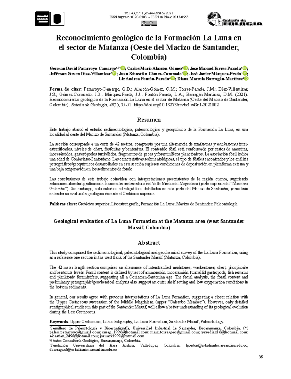 Reconocimiento Geológico de la Formación La Luna en Matanza (Vol. 43 ...