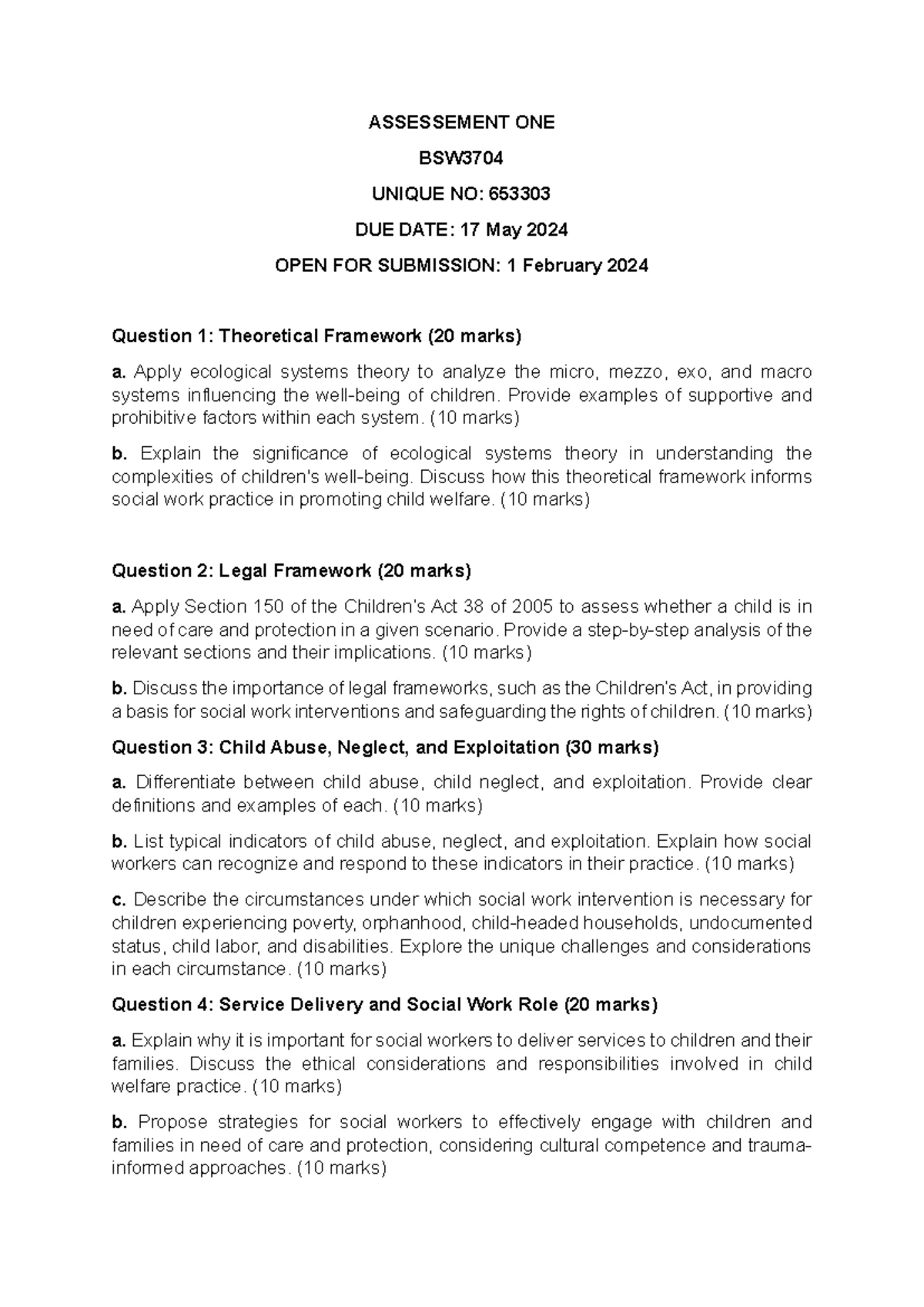BSW 3704 Assignment 1 - Theoretical Frameworks on Child Welfare - Studocu