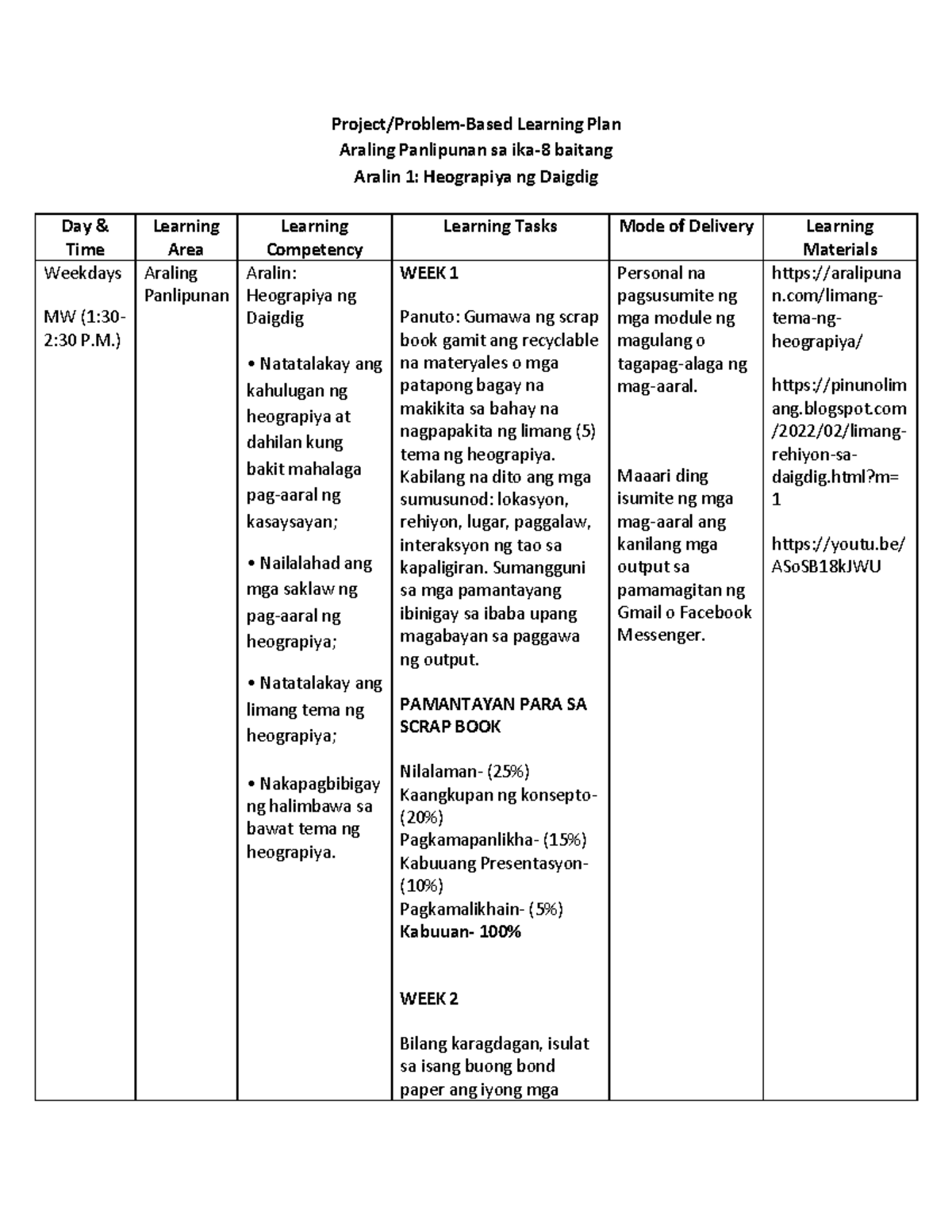 Project-Based Learning Plan AP 8: Heograpiya ng Daigdig - Studocu
