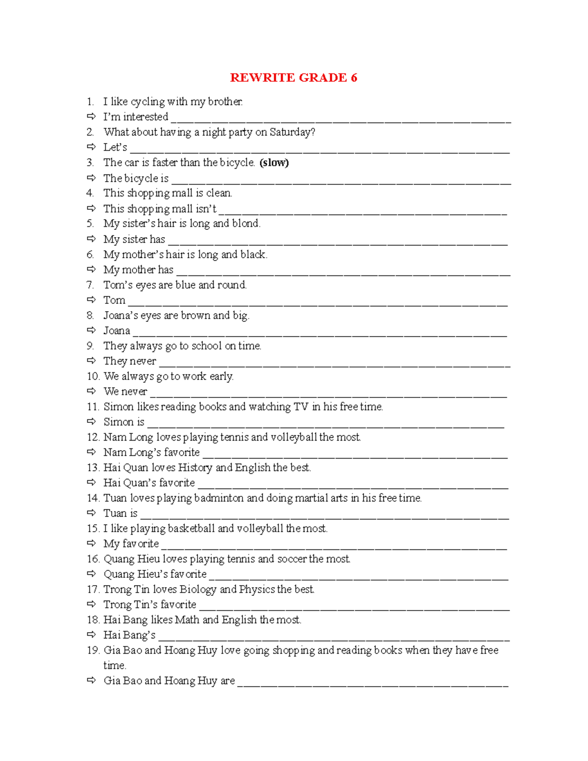 Grade 6 Rewrite Exercises: Comparative and Descriptive Sentences - Studocu