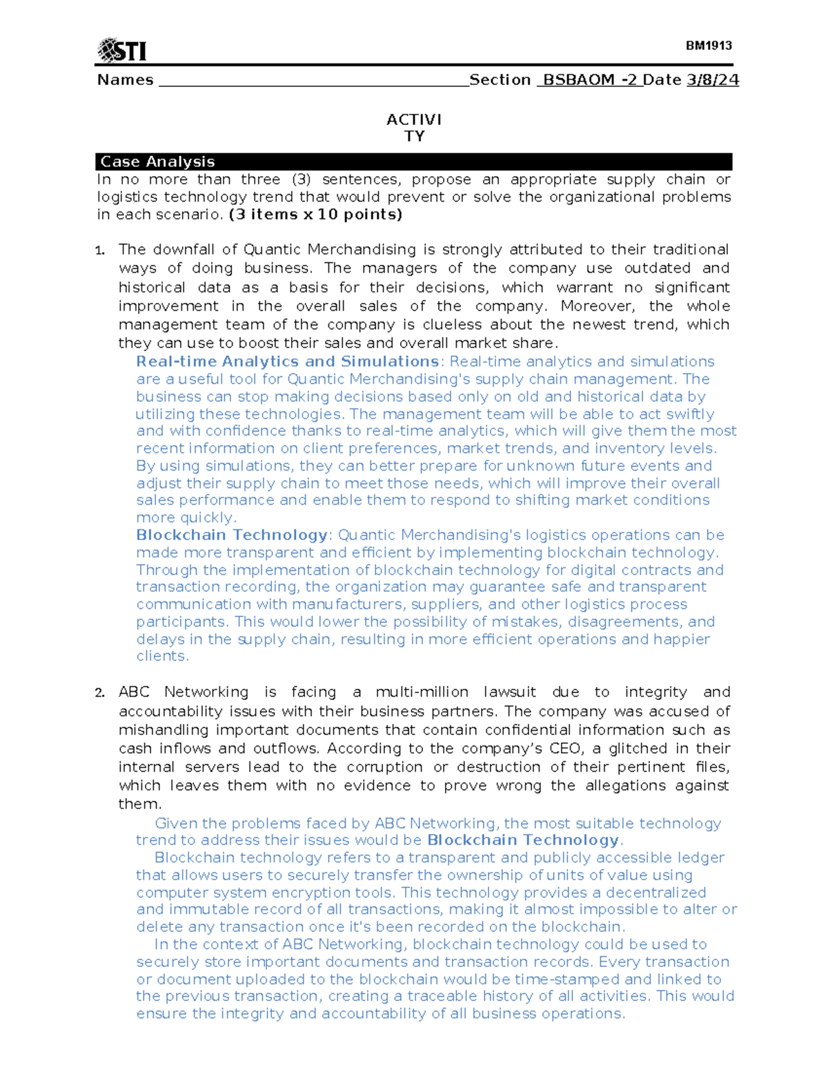 BSBAOM-2 Activity 1: Logistics Technology Case Analysis Insights - Studocu