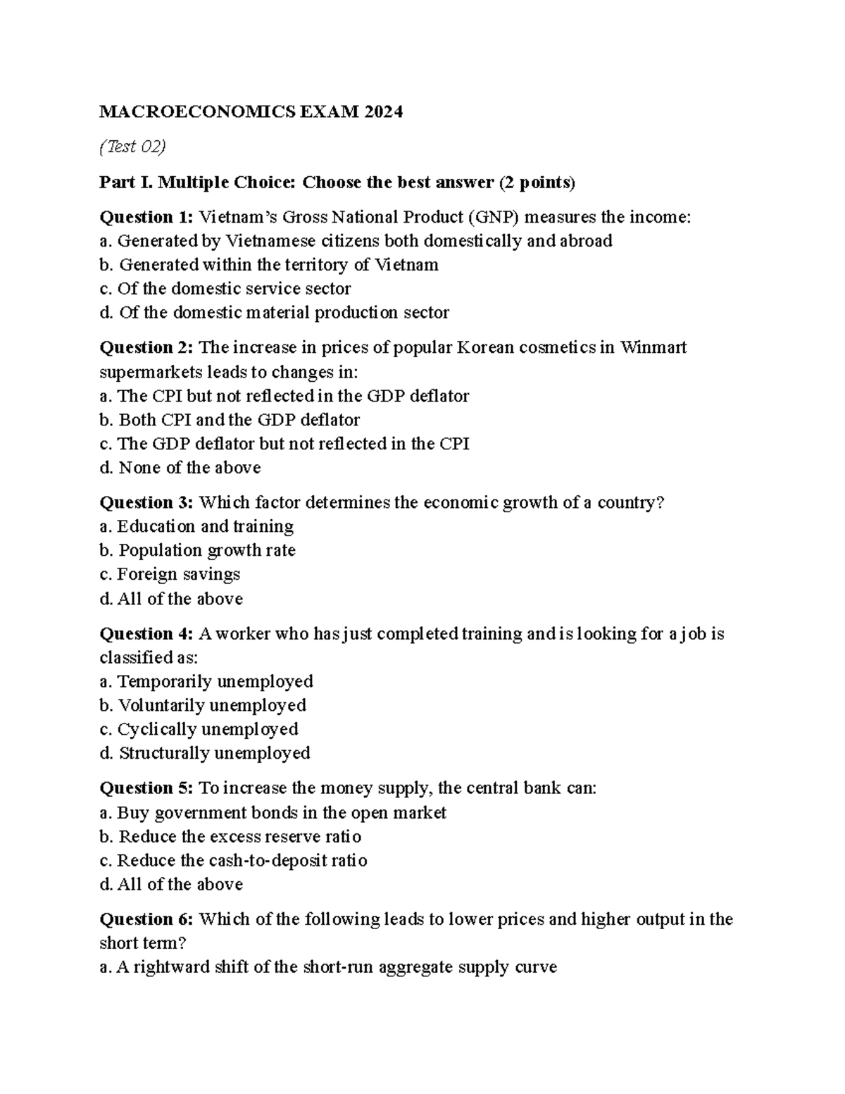 Macroeconomics Exam 2024 (Test 02) - Multiple Choice & Short Answer ...