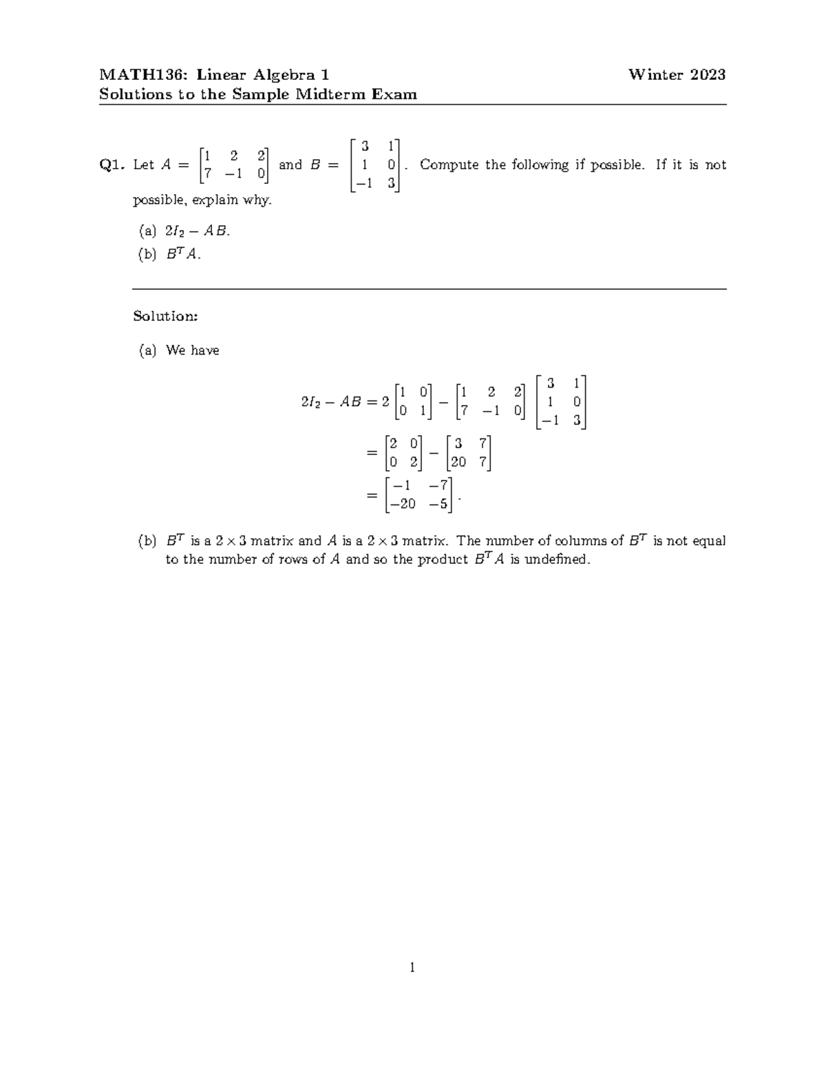 Math136-w23-sample midterm soln - Solutions to the Sample Midterm Exam Q1. Let A = [ 1 2 2 7 − 1 ...