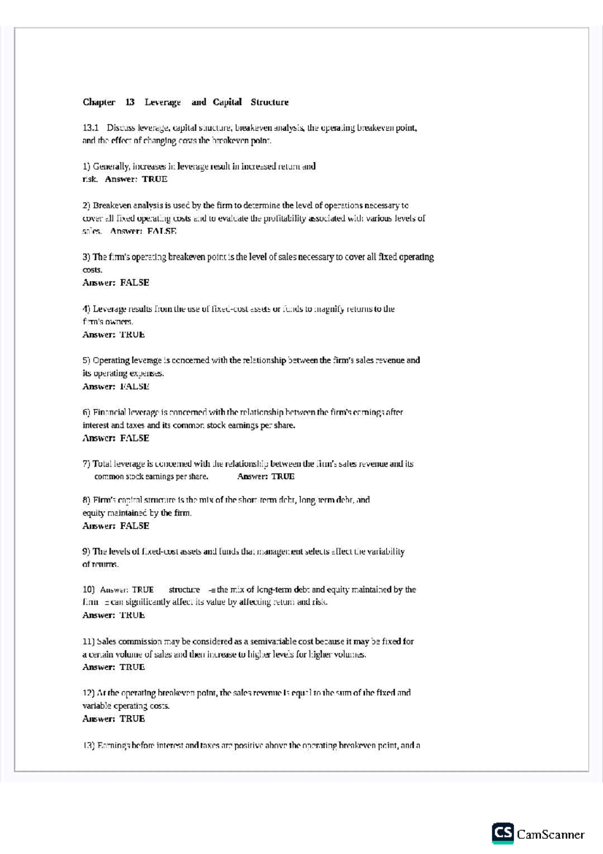 Chapter 13: Leverage and Capital Structure - Practice Test (CS) - Studocu