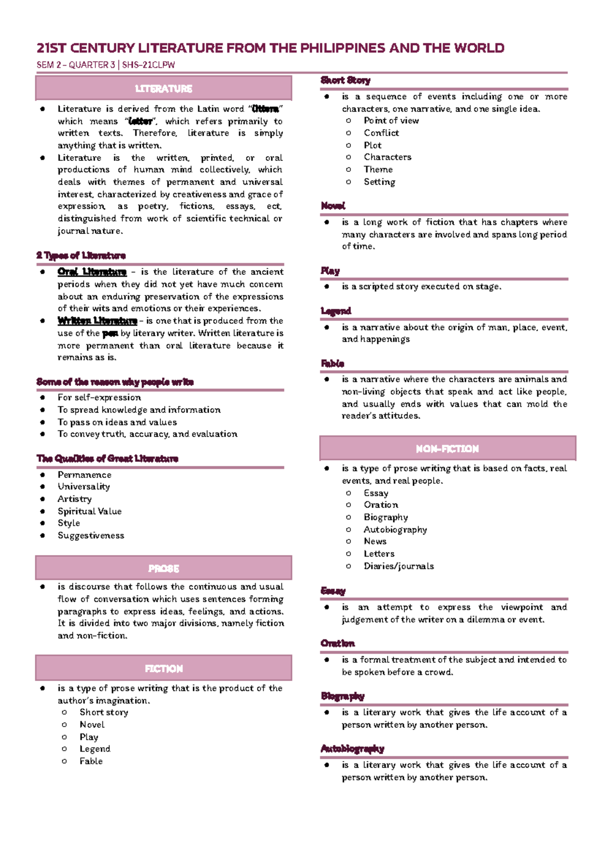 Sem 2 Q3 21st Century Literature Reviewer - Studocu