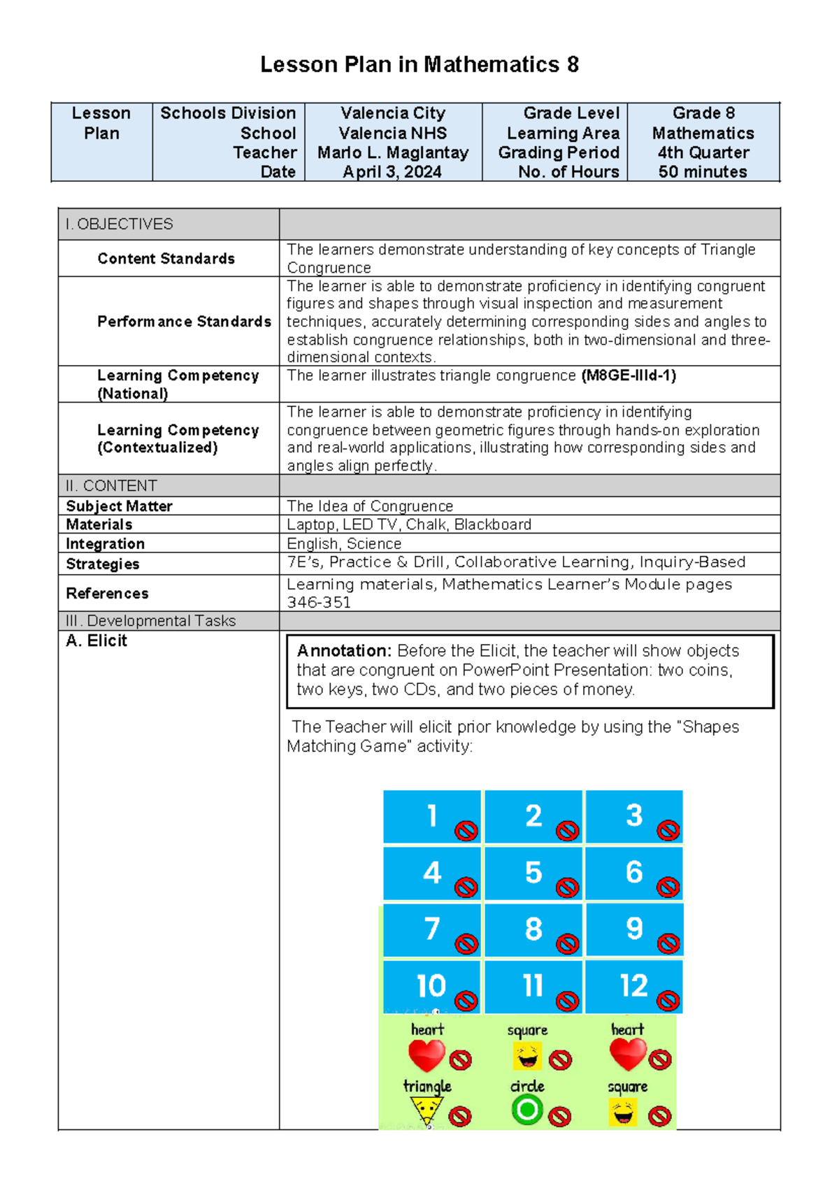 Mathematics 8 Lesson Plan: Triangle Congruence Concepts and Activities ...
