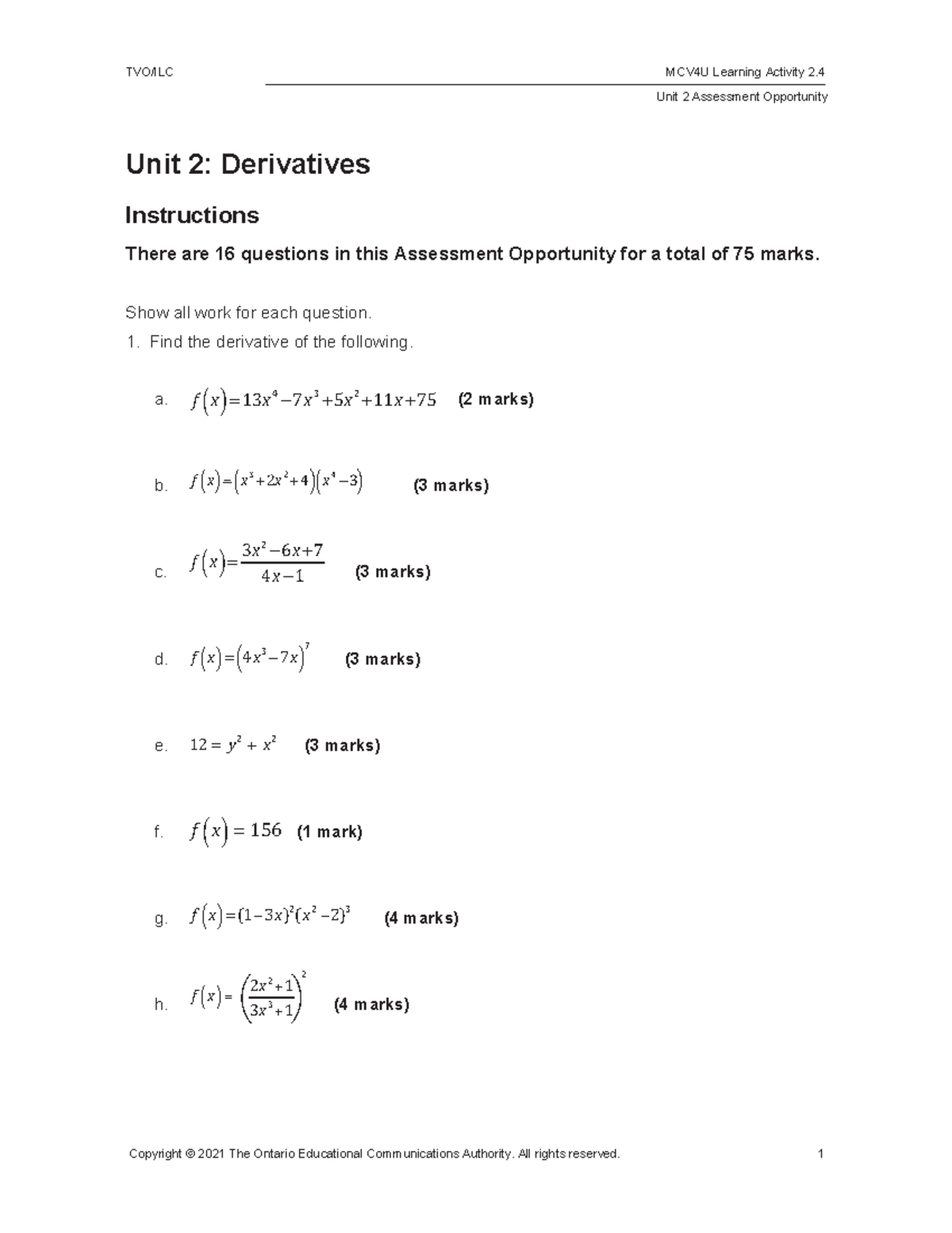 MCV4U 02 - Unit 2 Derivatives Assessment (75 Marks) - Studocu