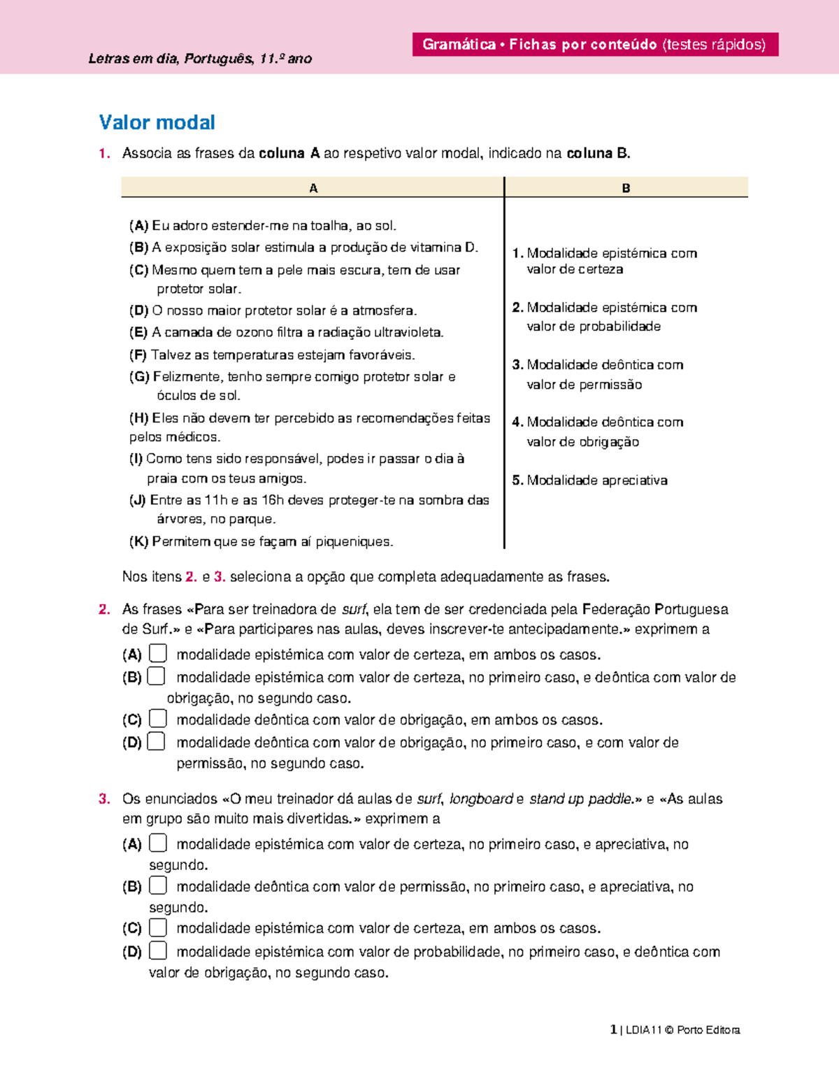 Ldia11 Gramática: Valor Modal 1 - Associações e Testes Rápidos - Studocu