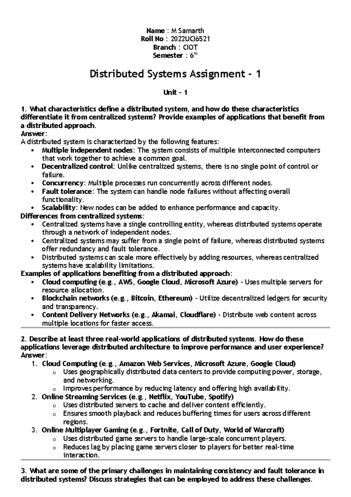 Distributed Systems Assignment 1 - Characteristics, Applications ...