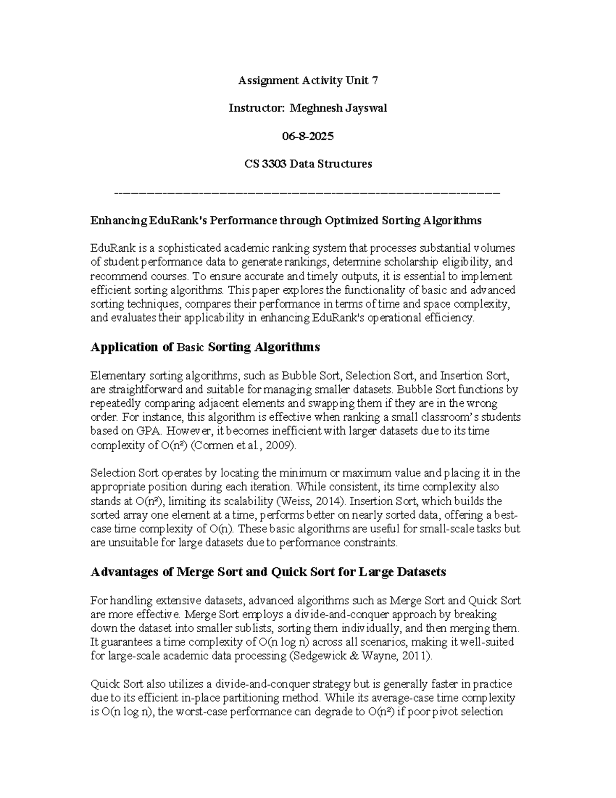 Optimized Sorting Algorithms for CS 3303 Data Structures PA 7 - Studocu