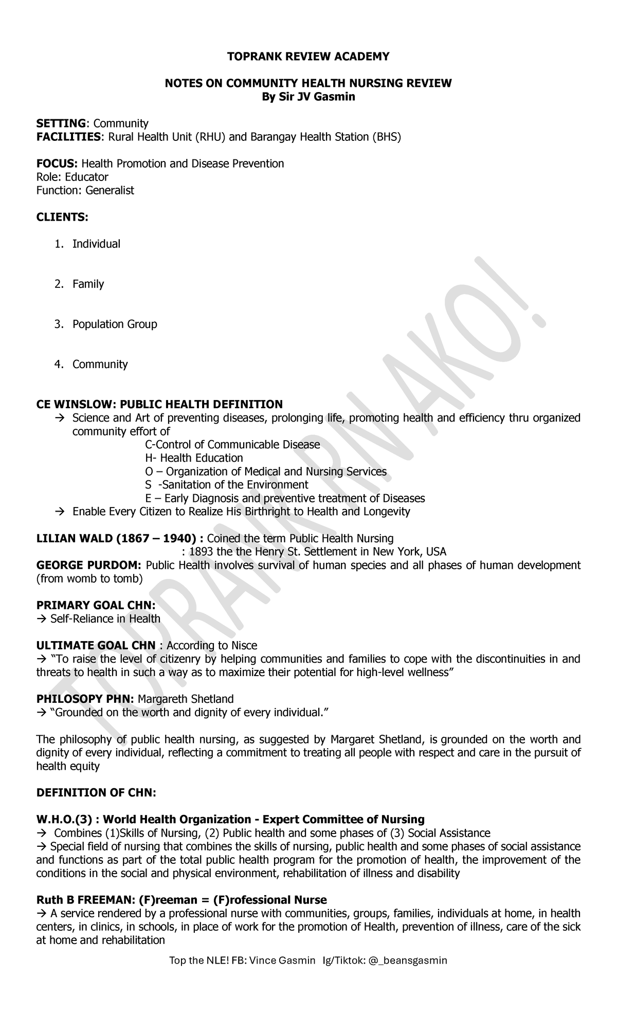 CHN 101: Community Health Nursing Review Notes by Sir JV Gasmin - Studocu