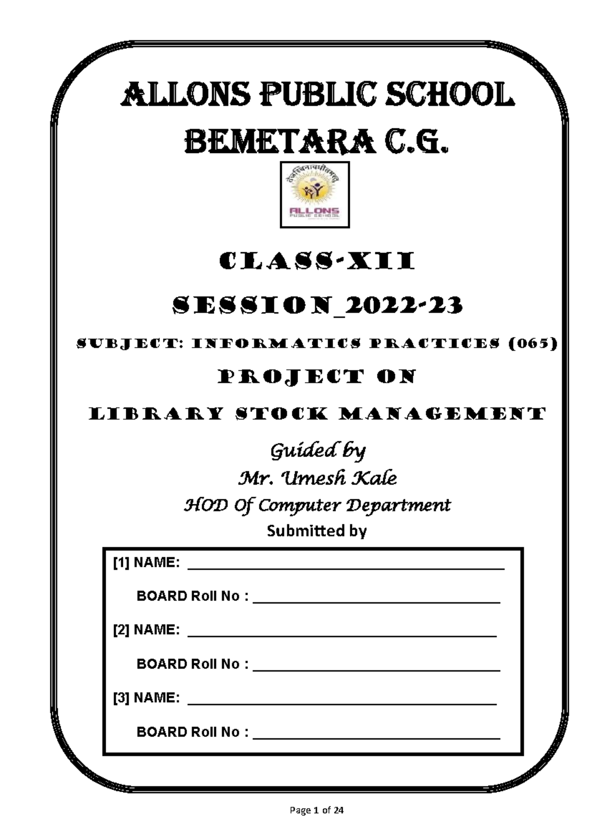 12-IP- Project on Library Stock Management for Class XII (065) - Studocu