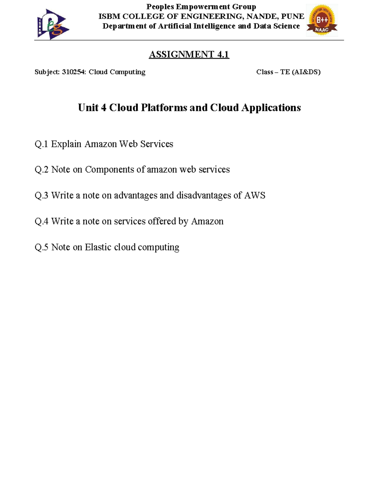 Assignment 4: Cloud Computing Insights (310254) - TE Sem VI - Studocu