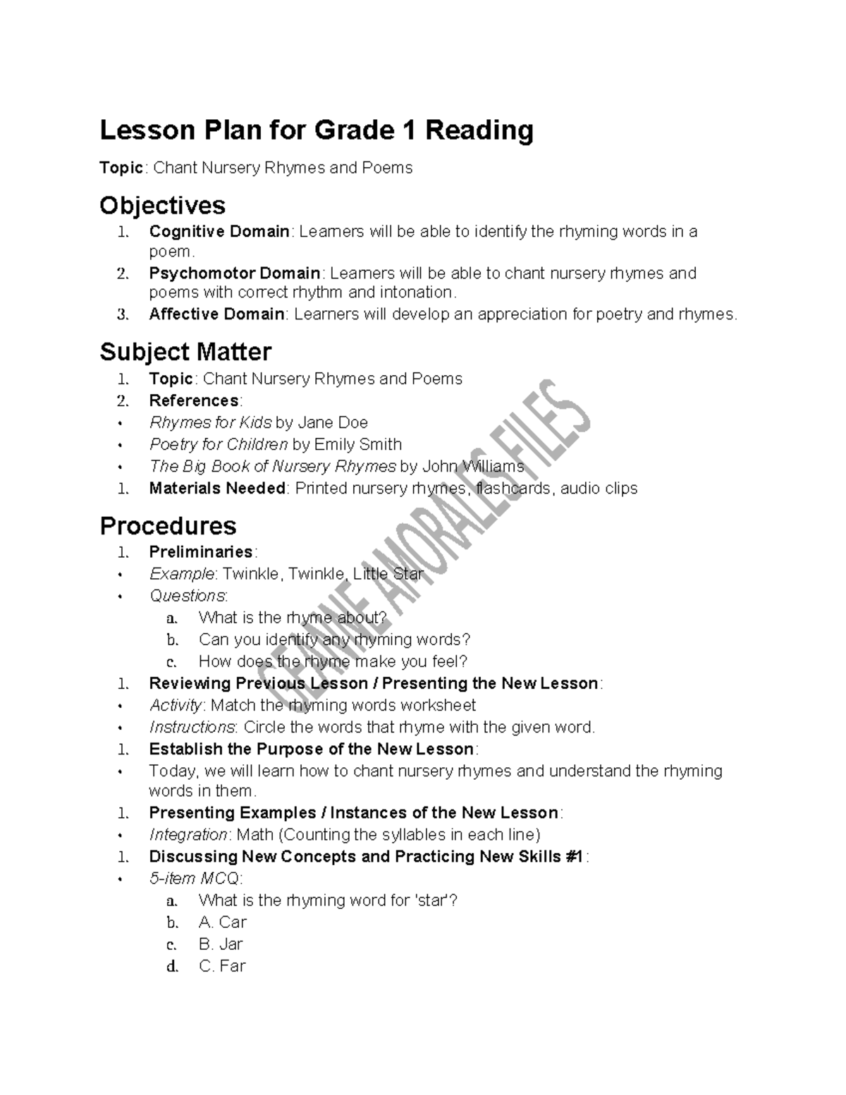 Grade 1 Lesson Plan: Chanting Nursery Rhymes & Poems - Studocu