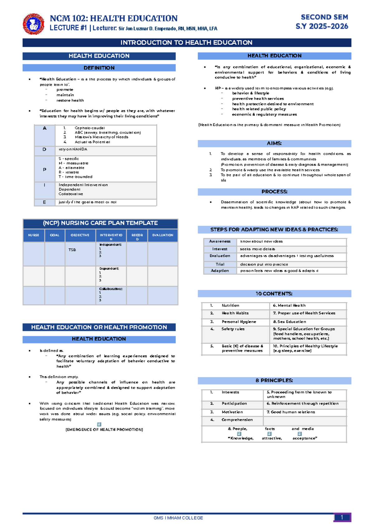 NCM 102: Health Education Lecture Notes by Sir Jon Luzmar D. Empenado ...