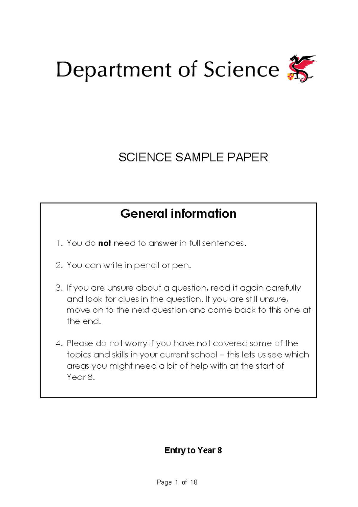 Year 8 Science Sample Paper: Entry Assessment Guide - Studocu