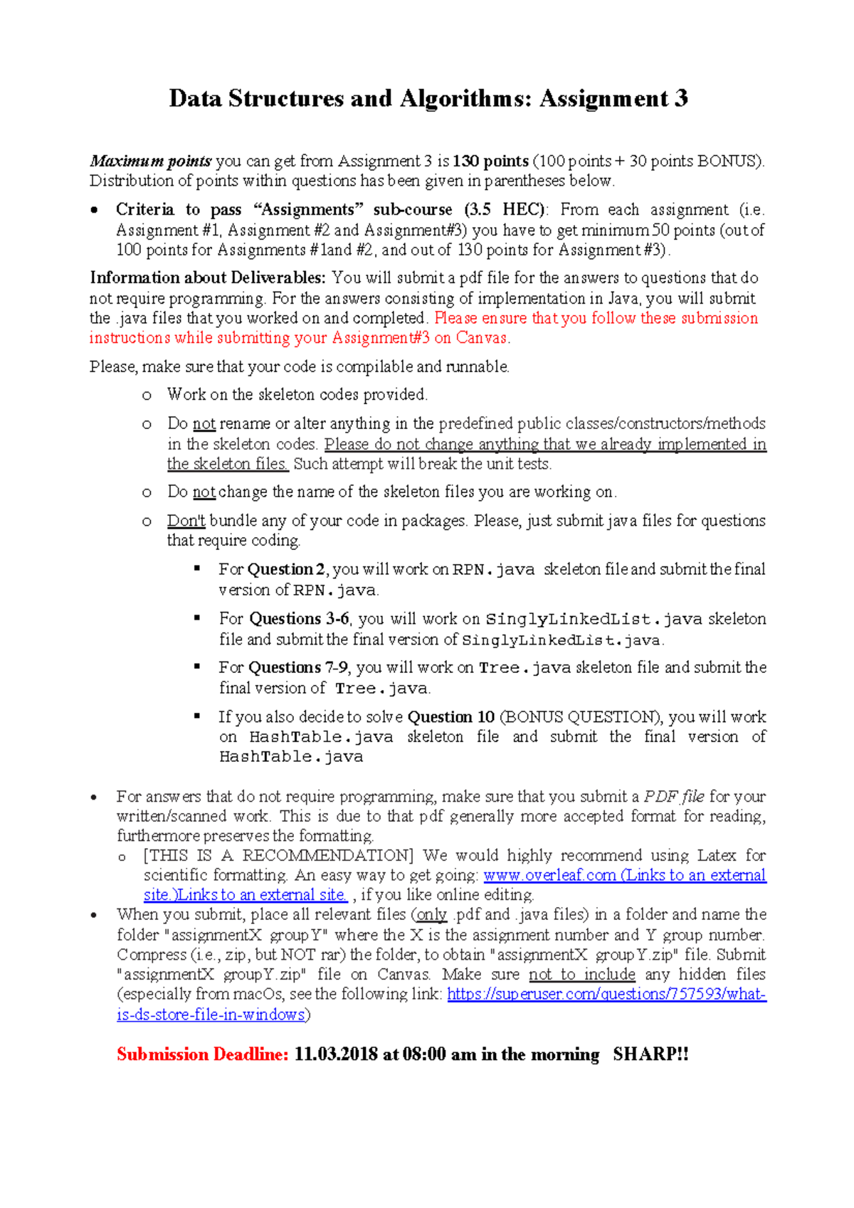 Data Structures and Algorithms: Assignment 3 Overview and Guidelines - Studocu