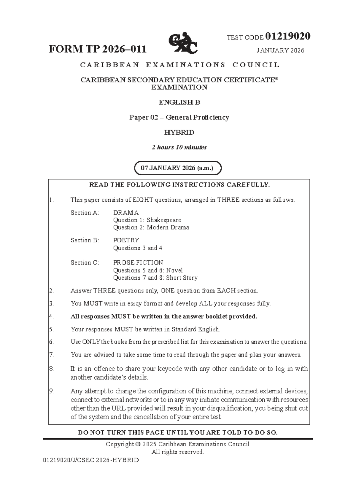 CSEC English B Paper 02 Exam January 2026 - Detailed Instructions - Studocu