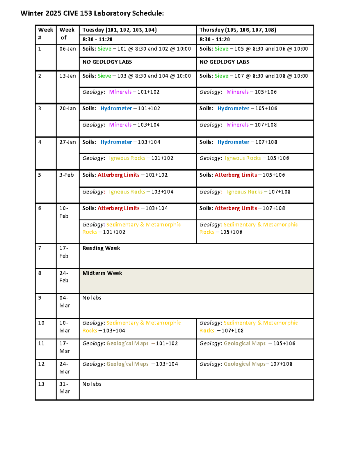 CIVE 153 lab schedule - Winter 2025 CIVE 153 Laboratory Schedule: Week ...