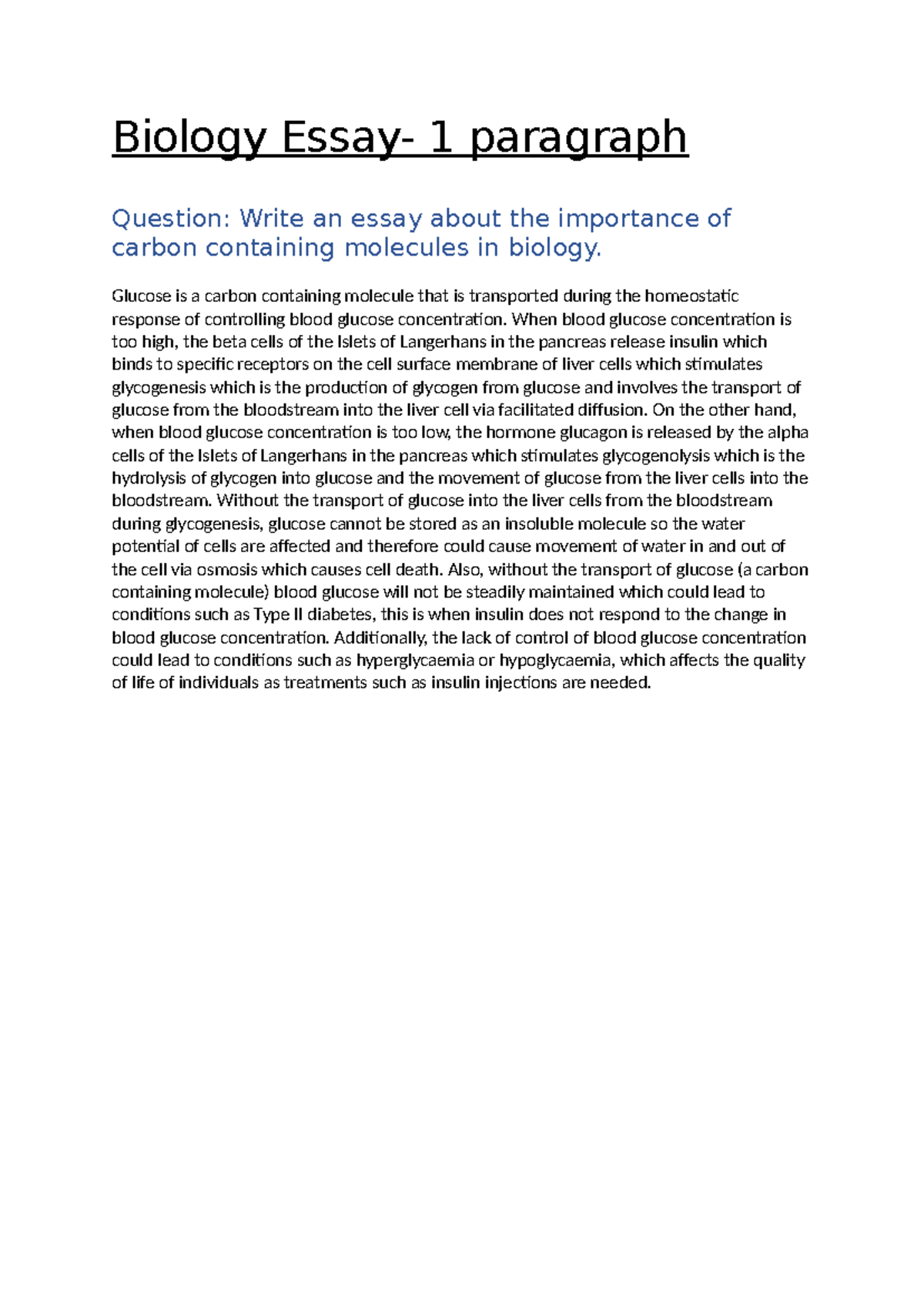 Biology 1: Essay on the Role of Carbon Molecules in Homeostasis - Studocu