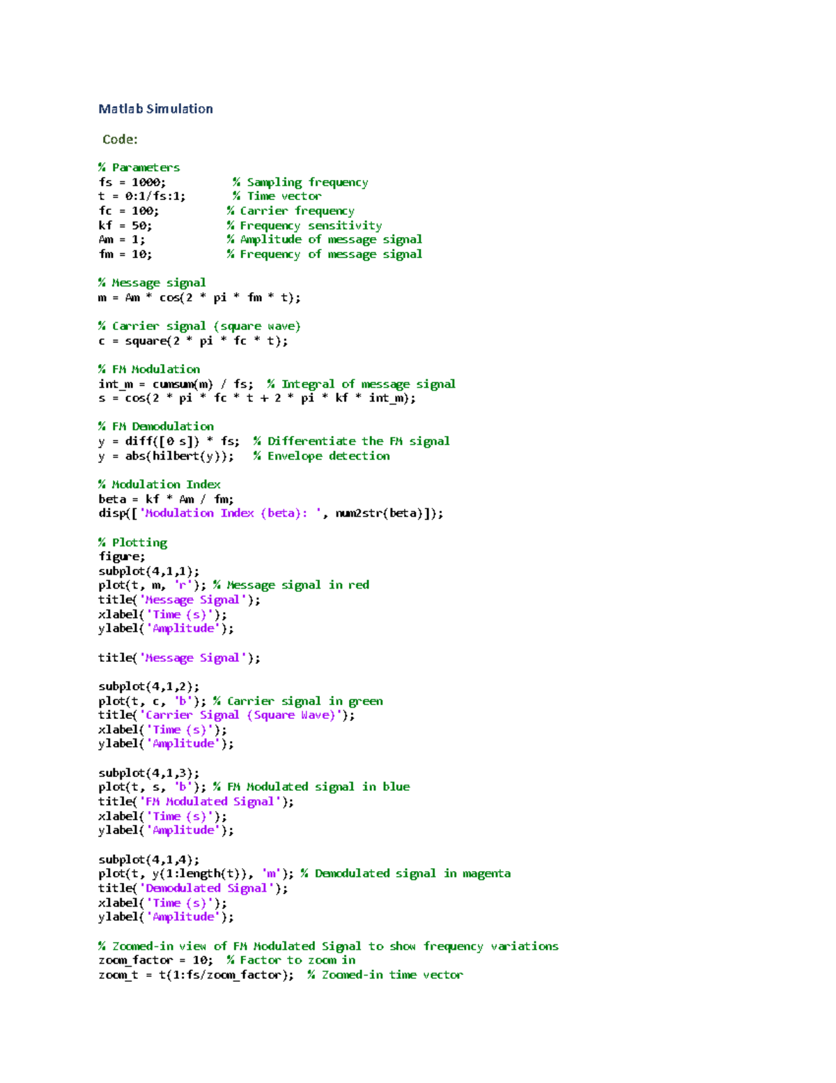 CE LR 03 - FM Modulation & Demodulation Matlab Simulation Code - Studocu