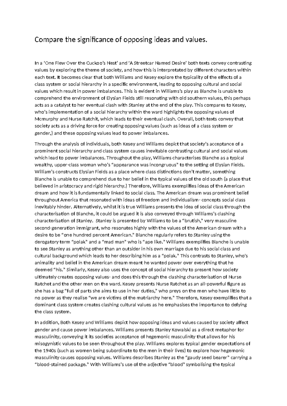 Opposing Values in Society: A Study of Cuckoo's Nest & Streetcar ...