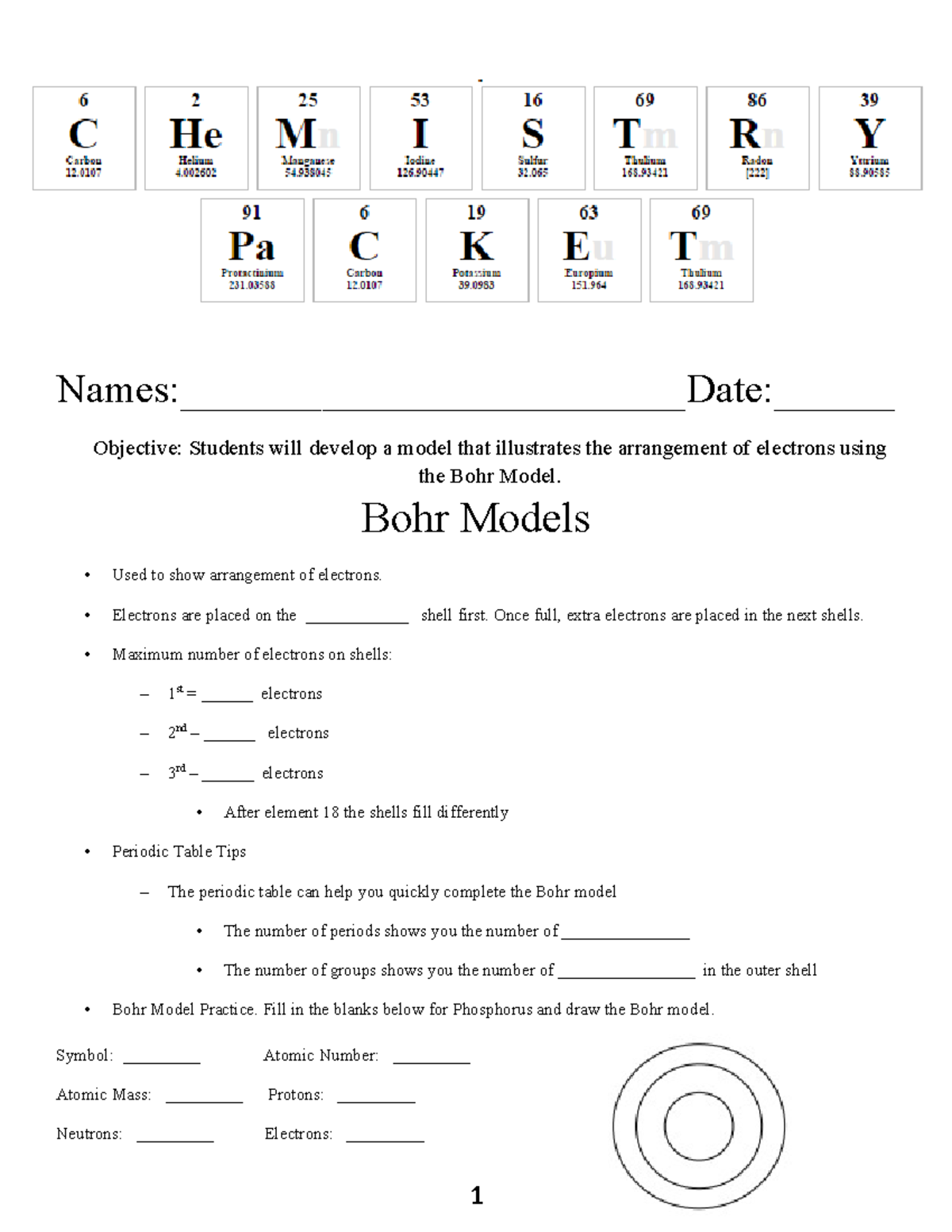 Bohr Model Practice Handout for Electron Arrangement - Studocu