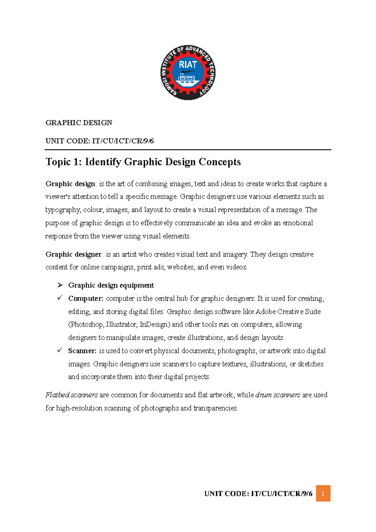 Graphic Design Notes - IT/CU/ICT/CR/9 - Key Concepts and Techniques ...