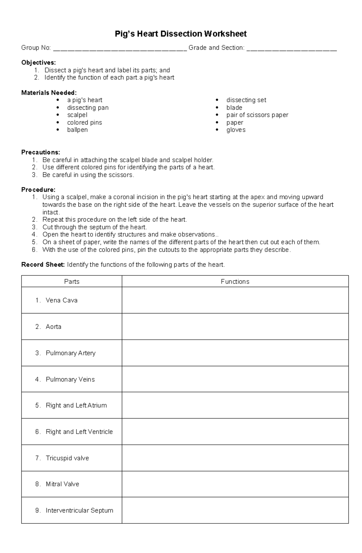 Pig's Heart Dissection Worksheet (Biology 101) - Studocu