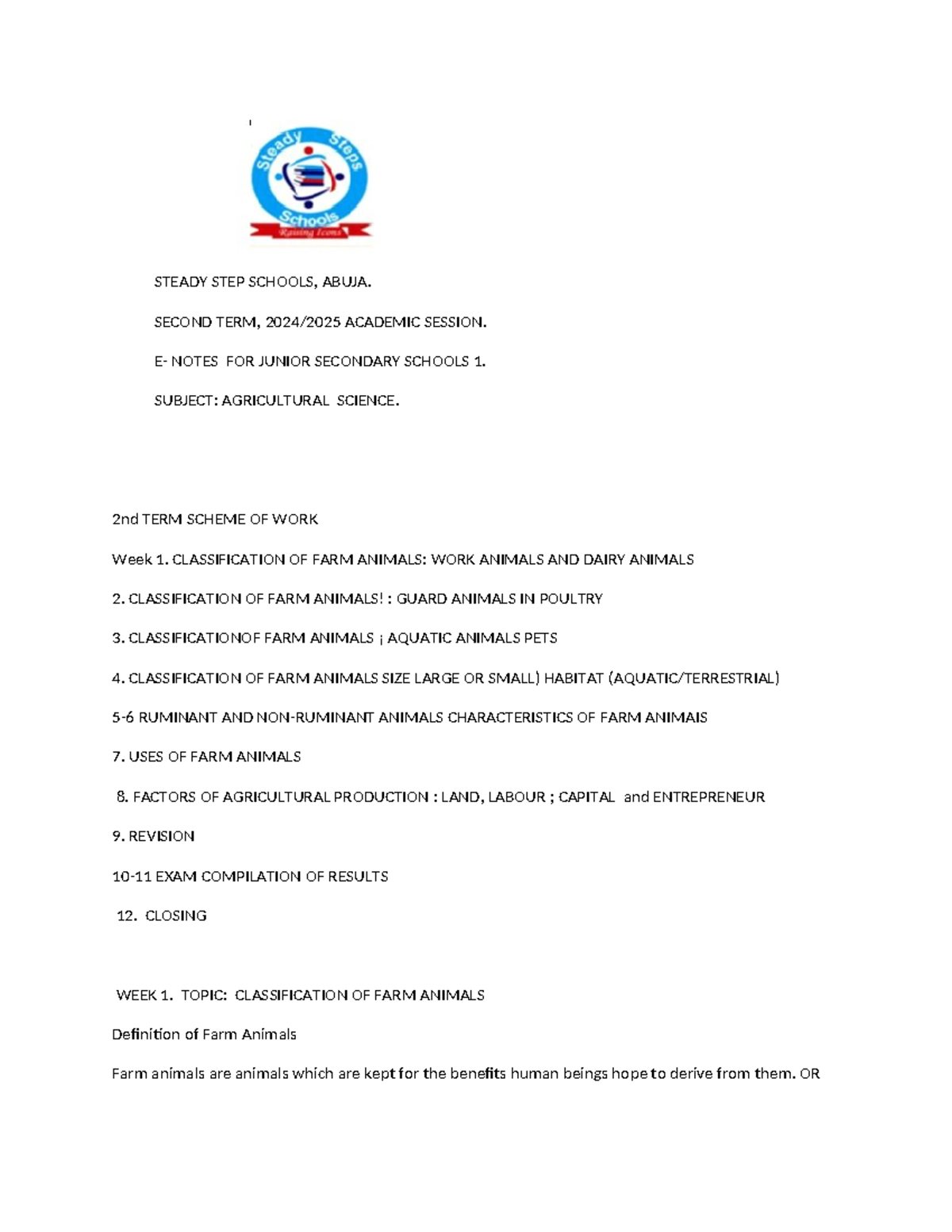 2nd Term E-Notes for JSS1 Agric: Classification of Farm Animals - Studocu