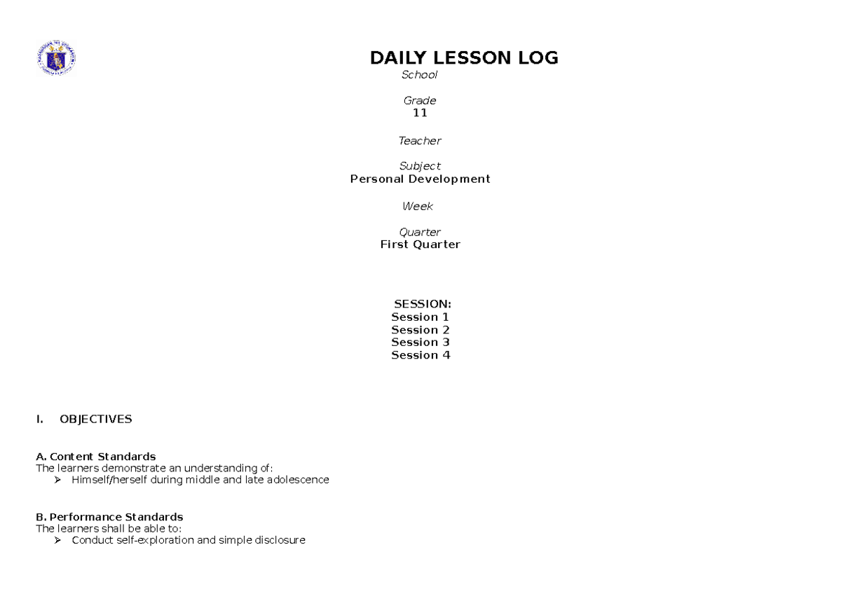 DLL Per Dev W1 - Personal Development - DAILY LESSON LOG School Grade ...