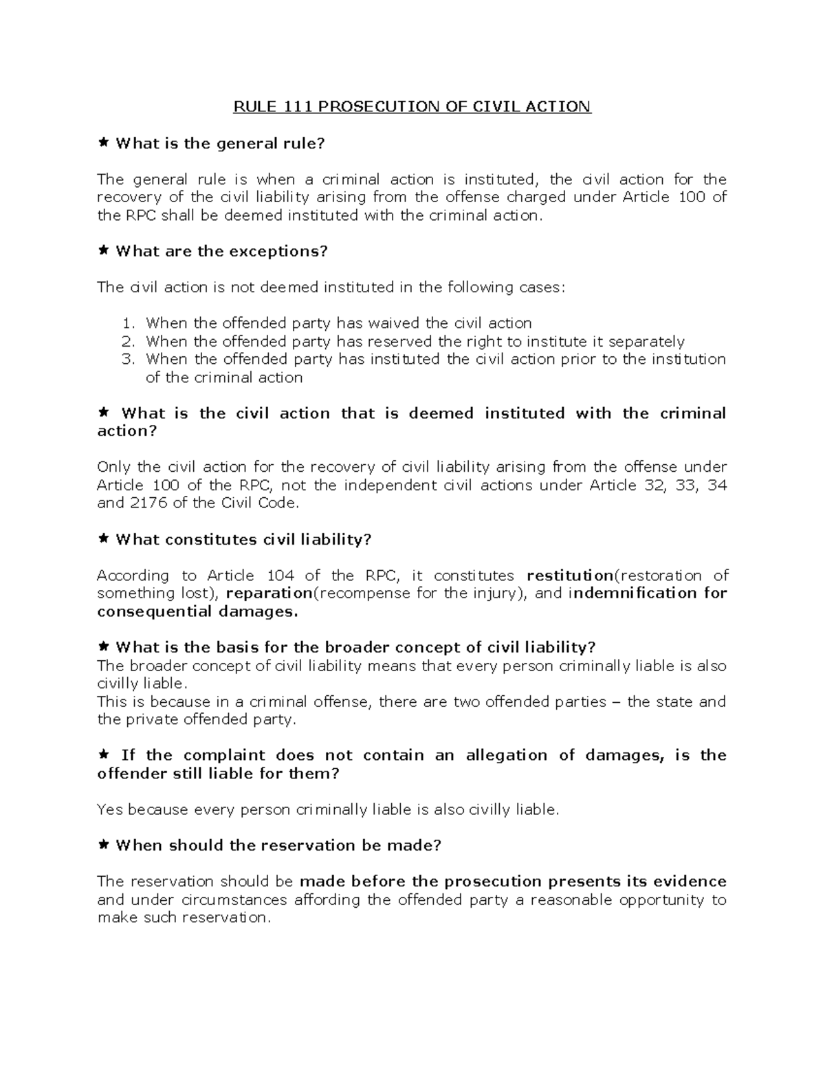 RULE 111: Prosecution of Civil Action in Criminal Cases Explained - Studocu