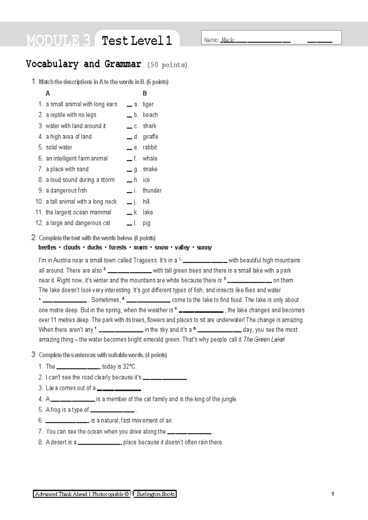 MODULE 3: Vocabulary & Grammar Test Level 1 (50 pts) - Studocu