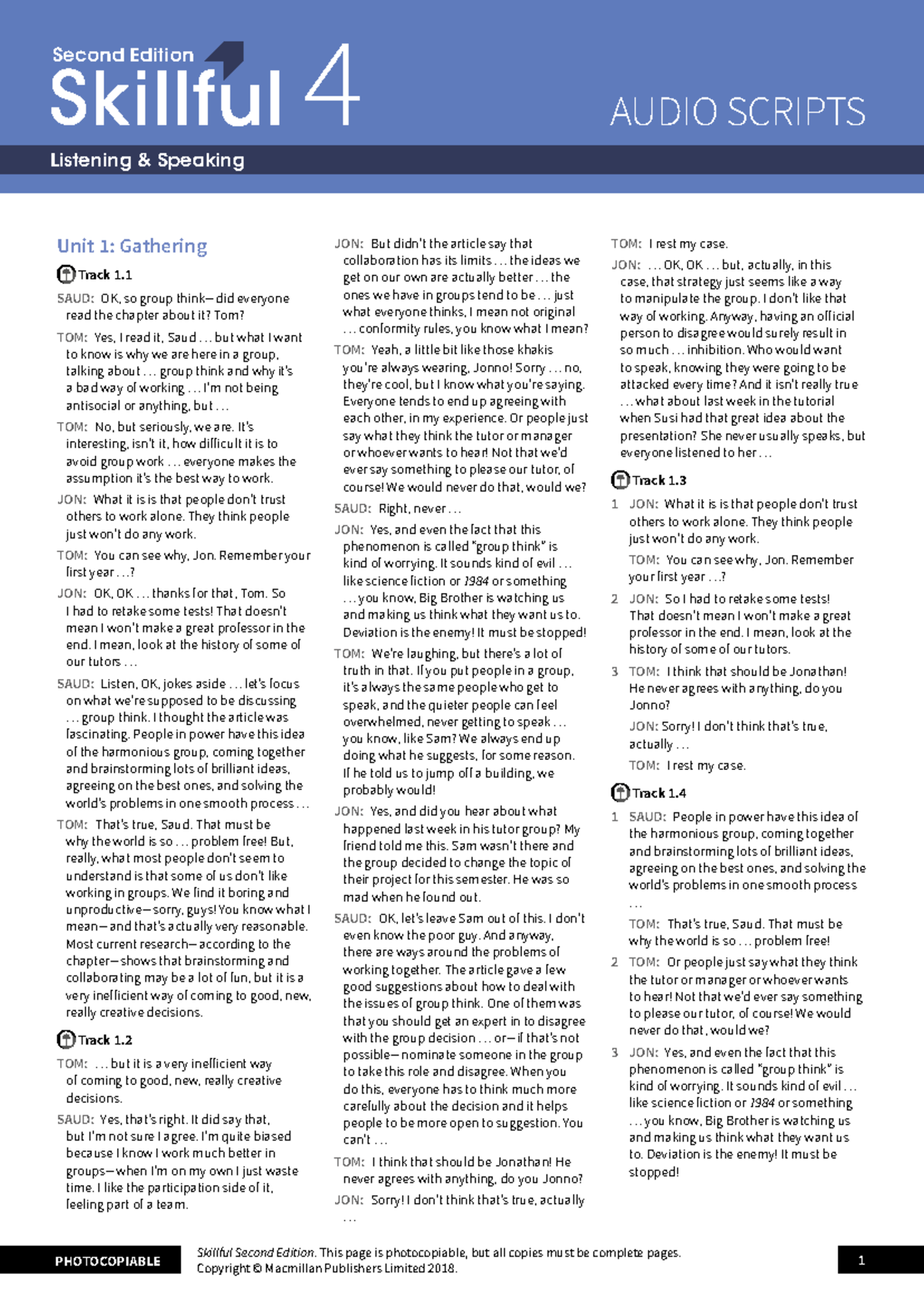Sk2e Level 4 Listening & Speaking: Audio Scripts for Unit 1 - Studocu