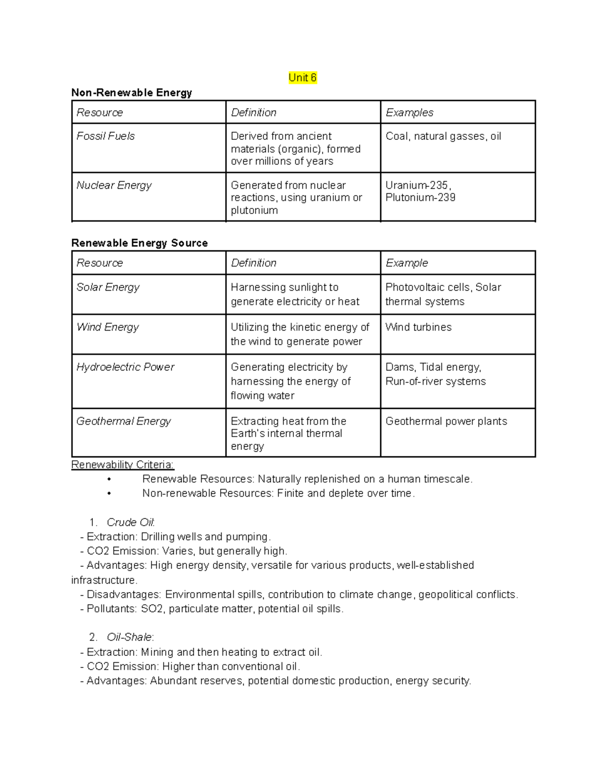 Unit 6 - Non-Renewable & Renewable Energy Notes - Studocu