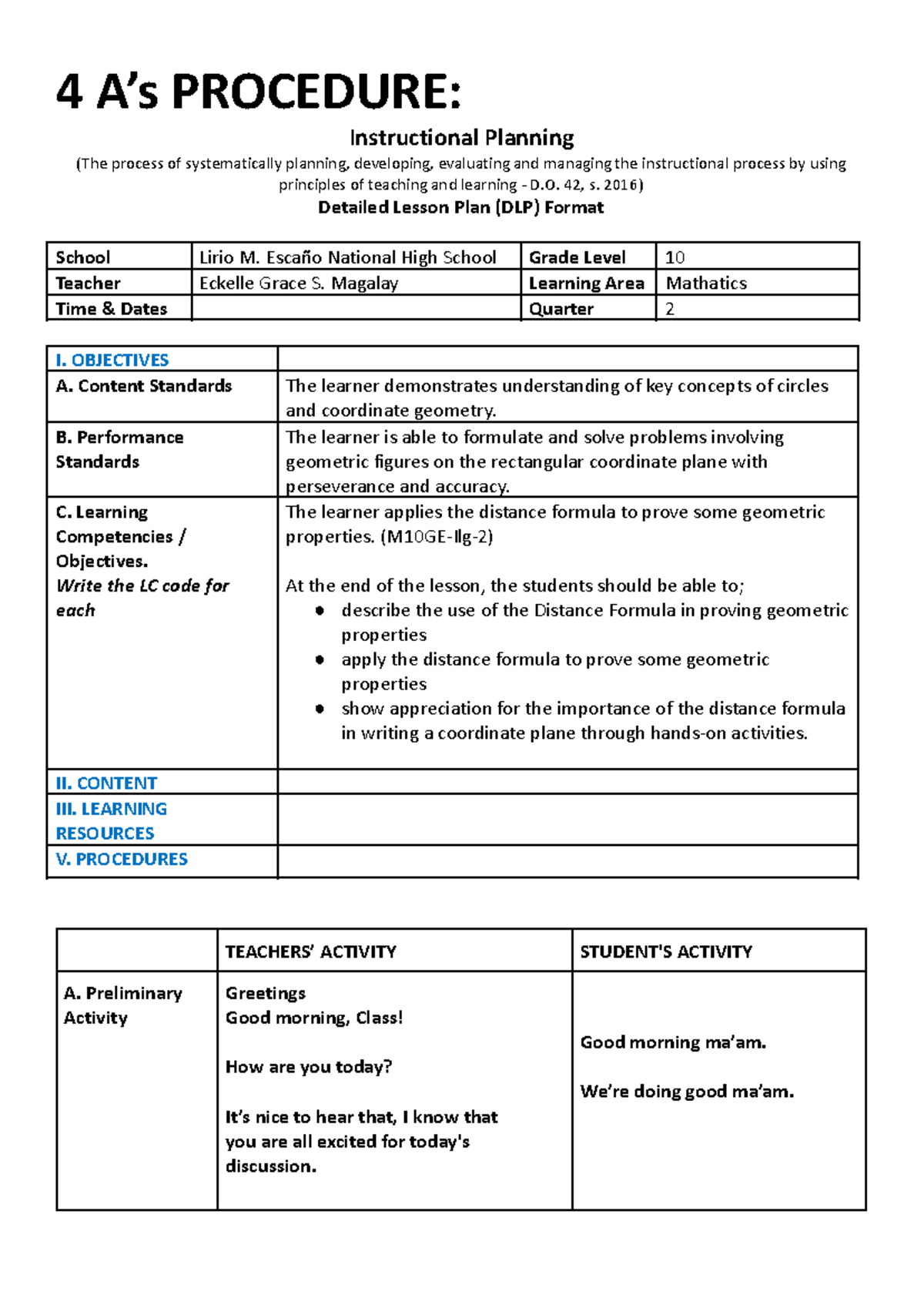LP1 - Detailed Lesson Plan on Distance Formula in Geometry - Studocu