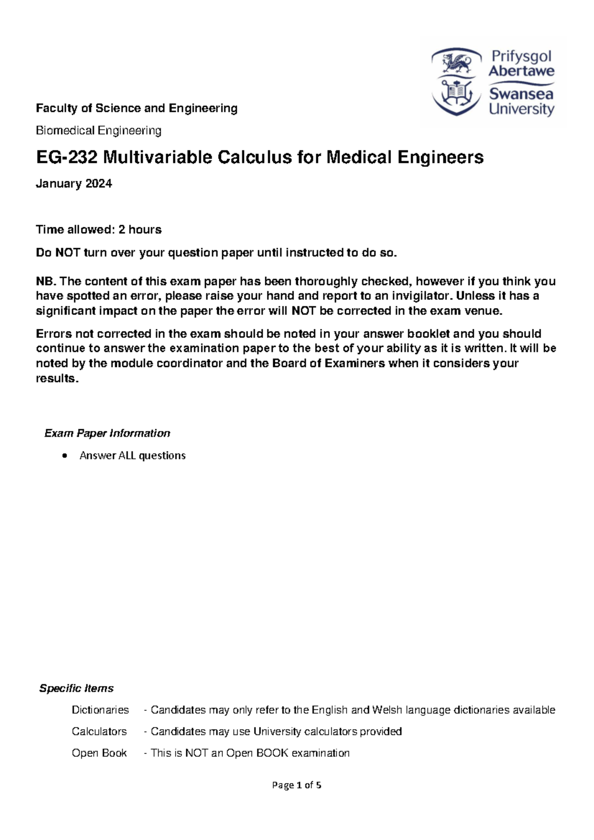 EG232 Multivariable Calculus Exam Paper - January 2024 - Studocu