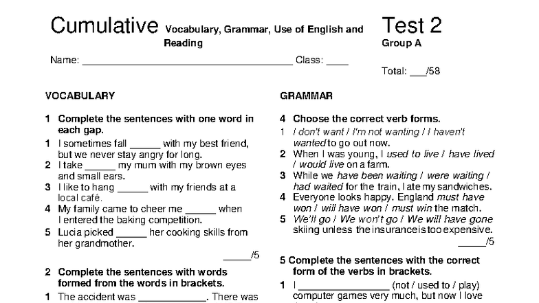 Focus 3 2E Cumulative Test 2 Units 1-4 Group A - Cumulative Vocabulary ...